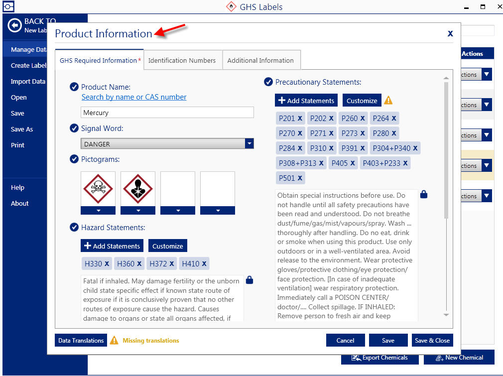 Brady Workstation GHS App: Overview of the Product Information Window ...