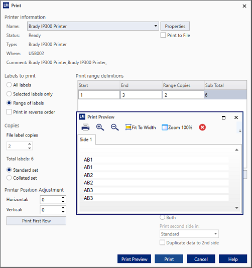 Labelmark - Print options - Range Copies and Label Copies | Brady Support